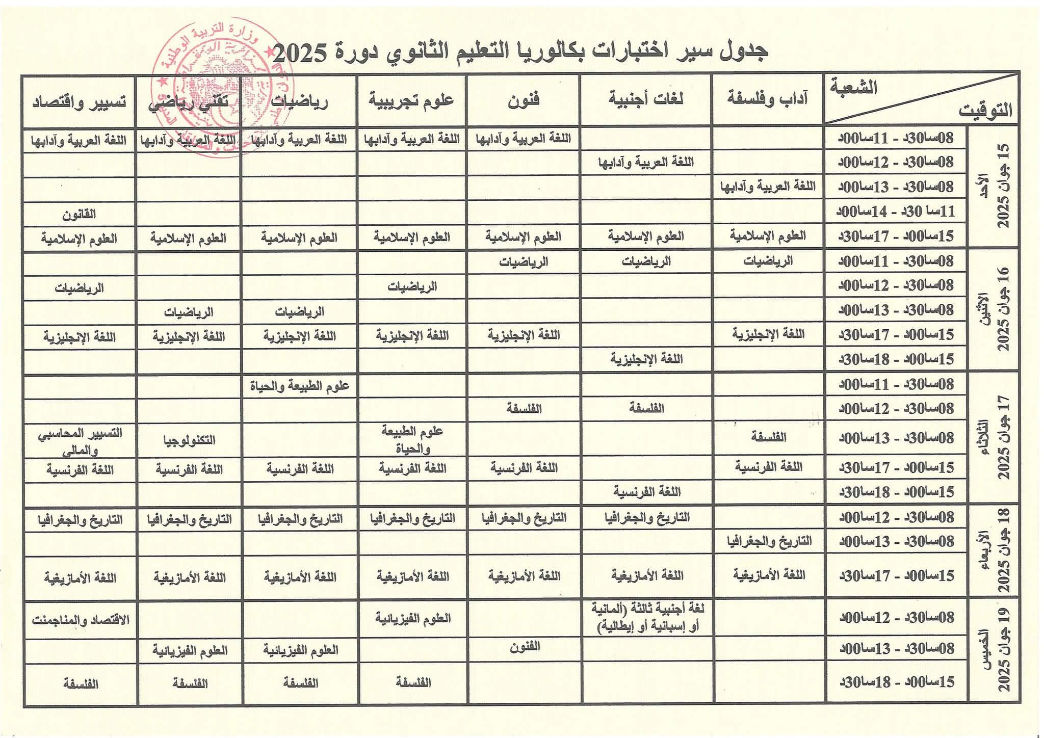 جدول امتحانات بكالوريا 2025 جميع الشعب - BAC 2025 | موقع التعليم الجزائري - Dzetude